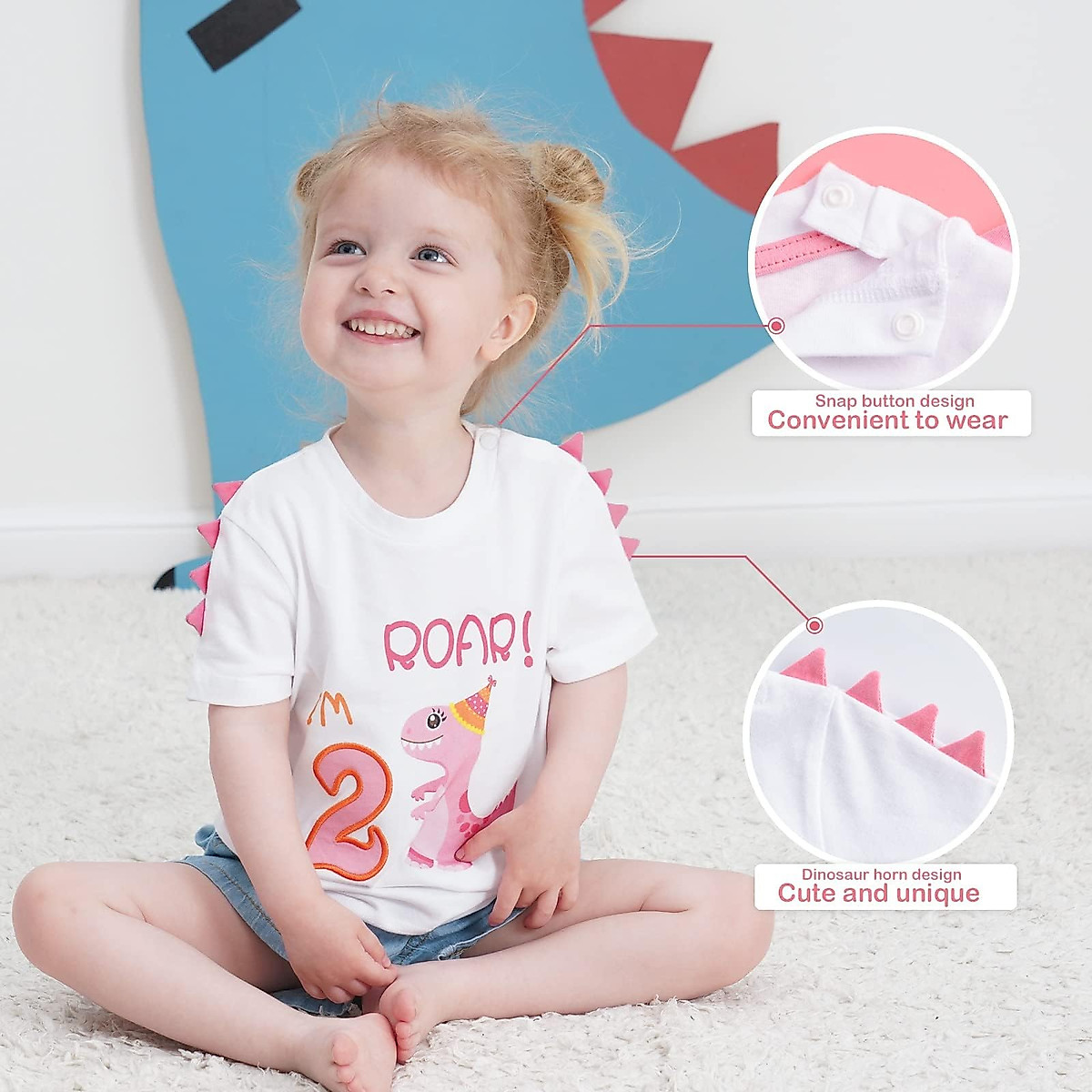 AMZTM Girl 2nd Birthday T-Shirt Dinosaur Party B-Day Themed Tee Toddler Gift(White, 3T)