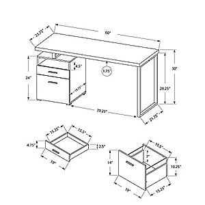 Monarch Specialties Computer Writing Desk for Home & Office Laptop Table with Drawers Open Shelf and File Cabinet-Left or Right Set Up, 60" L, White