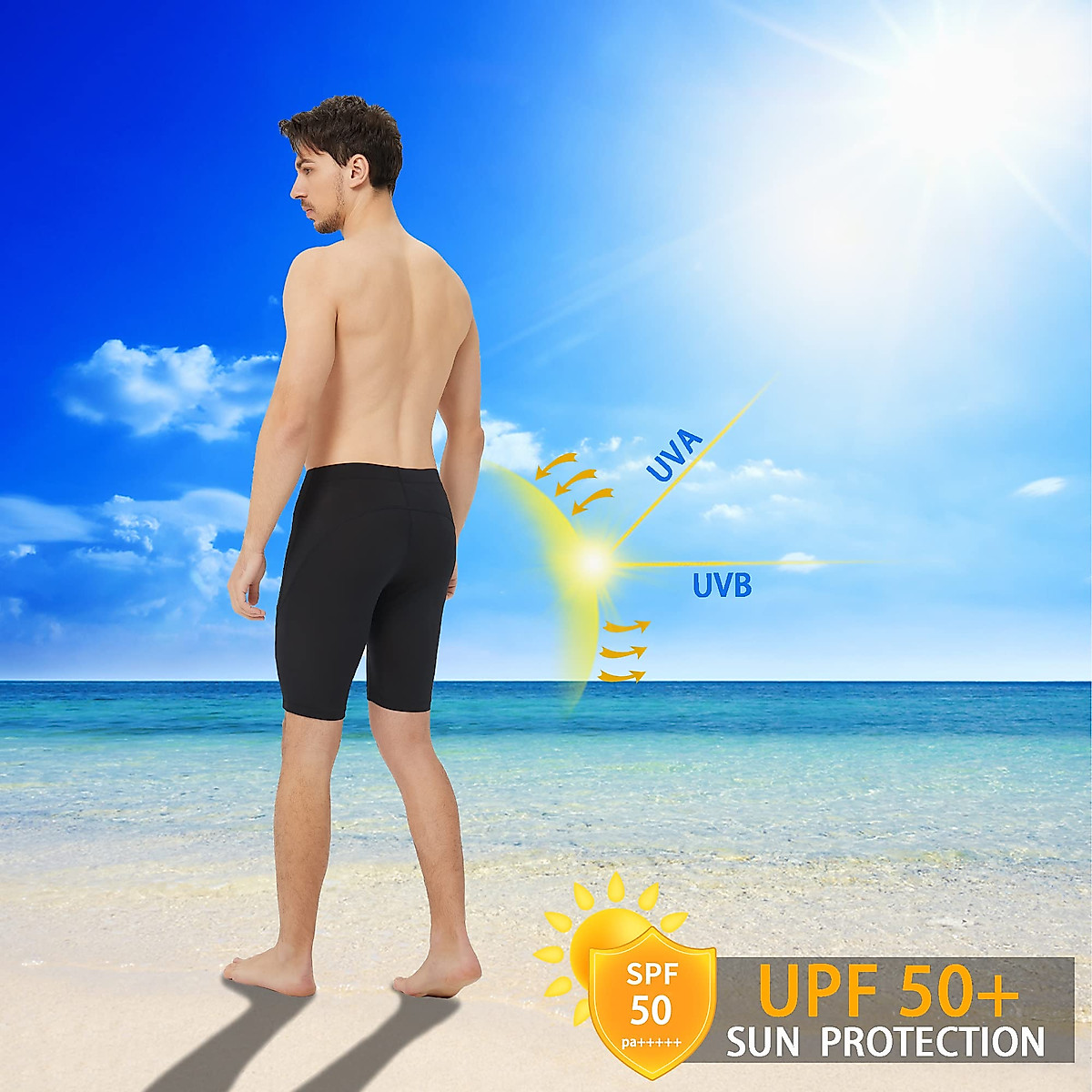 Fiteng Men's Swim Jammers Competitive Athletic Swim Team Suit Training Endurance Racing Quick Dry Swimming Shorts UPF 50 Black