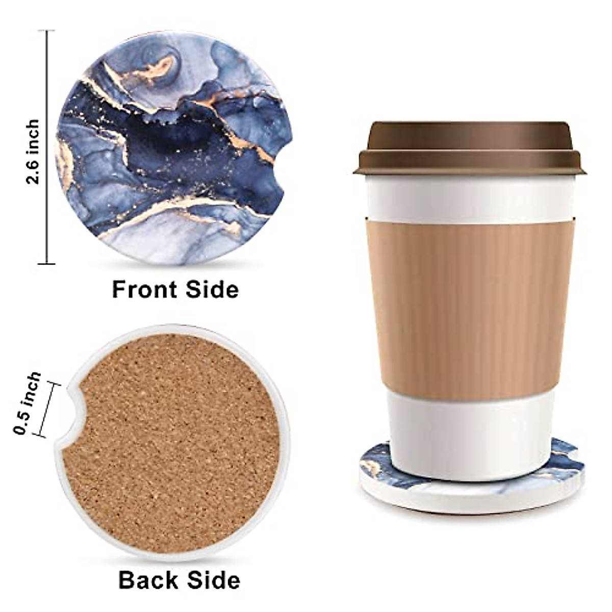 Dksyee Car Cup Holder Coasters 2 Pack Blue Cute Car Coasters for Women & Men Absorbent Ceramic Car Coasters with A Finger Notch for Easy Removal Universal Auto Anti Slip Insert Drink Coaster