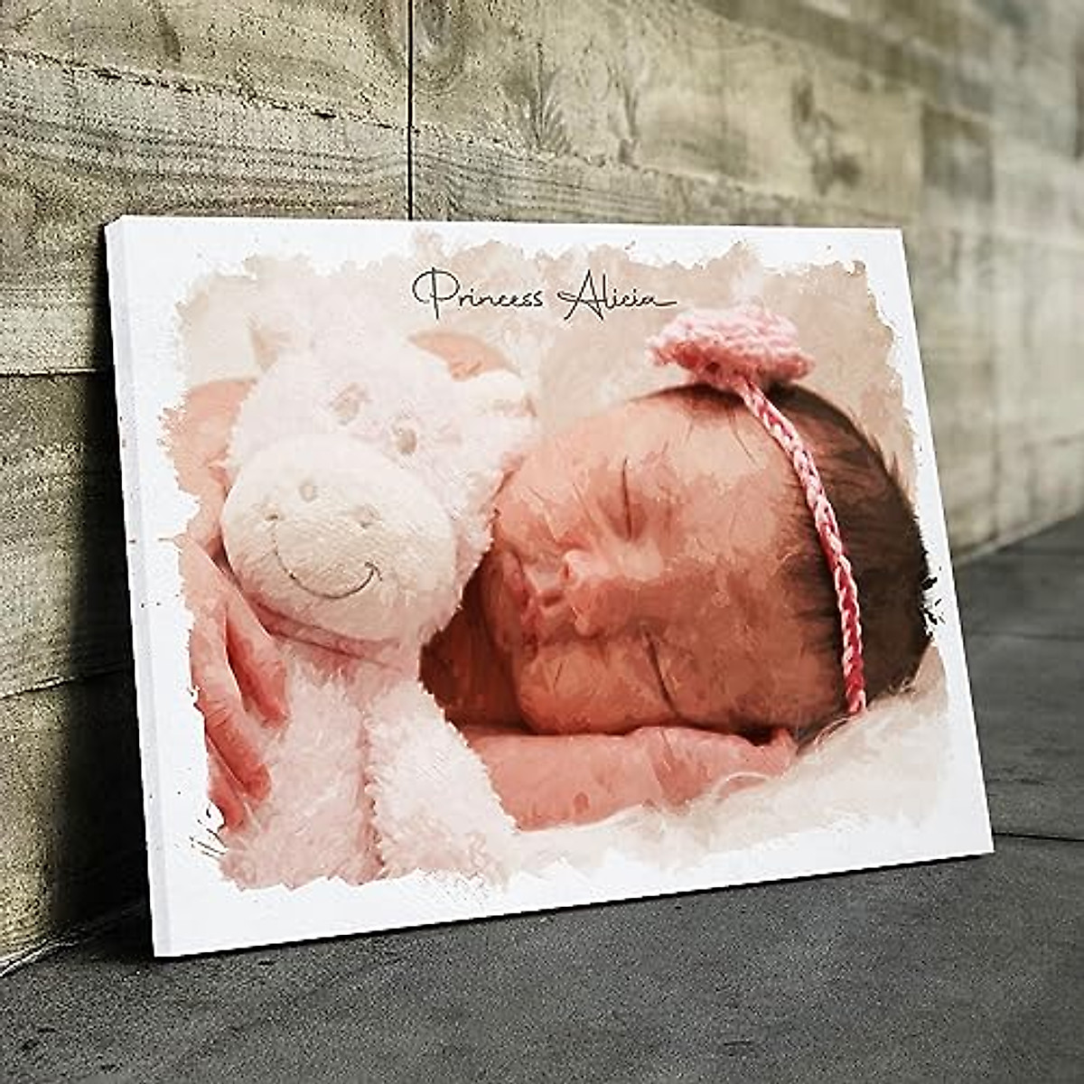 Personalized Baby Watercolor Canvas Painting With Name Printed On Premium Gallery Wall Art - Custom Newborn Portrait From Photo (S - 11x14 Inches)