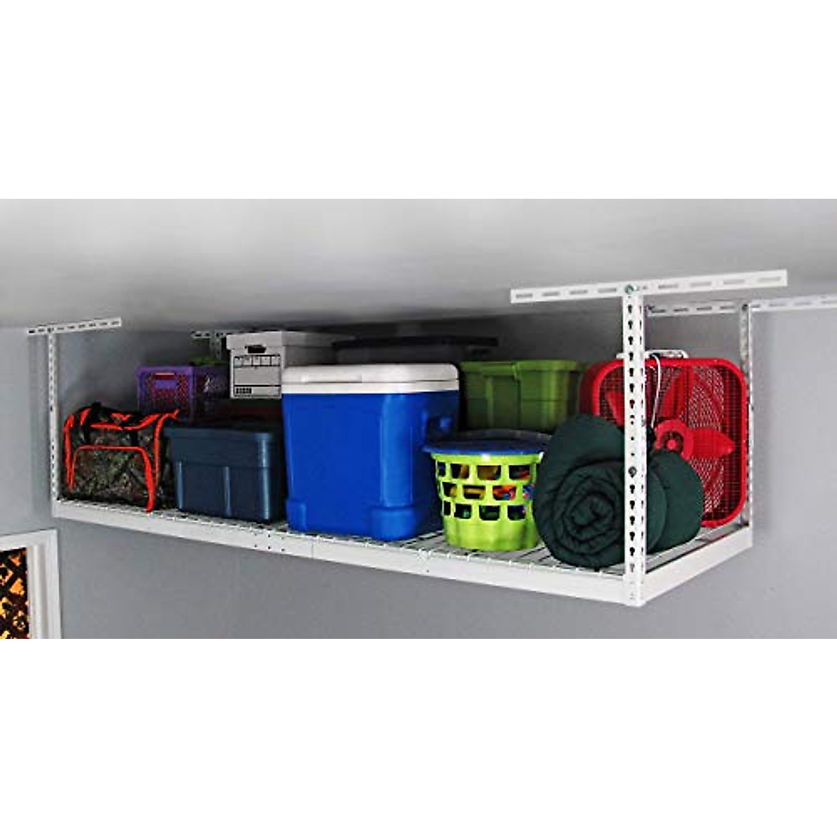 MonsterRax Overhead Garage Storage Rack, 3x8' Heavy Duty Steel, Ceiling Mounted Garage Shelving, Adjustable Hanging Storage Organizer, 500 Pound Capacity, Color: White, Adjusts 12-21" off Ceiling