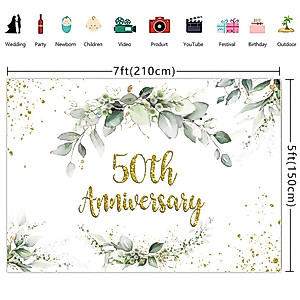 Wollmix 50th Wedding Anniversary Decorations Banners Backdrops Green Leaves Cheers to 50 Years Gold Dots Photography Background Party Sign Poster Photo Booth Props Decor Supplies 7x5ft