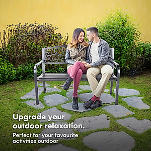 flybold Outdoor Bench Garden Bench with Armrests Steel Metal Bench for Outdoors Lawn Yard Porch - Black Walnut