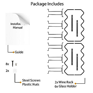 Wallniture Piccola Under Cabinet Wine Rack and Glasses Holder, Kithcen Organization and Storage Rack, Metal Black Set of 2