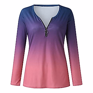 Sexy Tops for Women Long Sleeve Shirts Casual V Neck Tshirts Low Cut Blouses with Zipper Floral Graphic Tees Ribbed Knit Tunic Plus Size Loose Fit Clothes Fall Fashion My Spring(C-Hot Pink，X-Large)