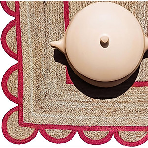 BUNDELA EXPORTS Scalloped Jute Area Rug, Floor Farmhouse Rug Natural Braided Reversible Boho Eco Large 2x12 Ft Runner Rug (RED)