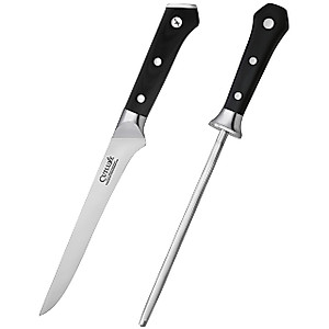 Cutluxe Boning Knife & Sharpening Knife Rod– Forged High Carbon German Steel – Full Tang & Razor Sharp – Ergonomic Handle Design – Artisan Series
