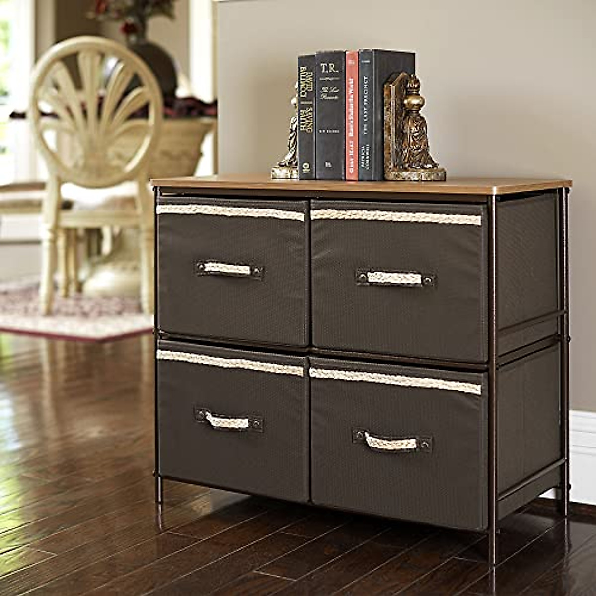 Household Essentials 2-Tier Storage Chest of Drawers Bronze Frame Wood Grain Top and 4 Brown Storage Bins with Natural Jute Trim