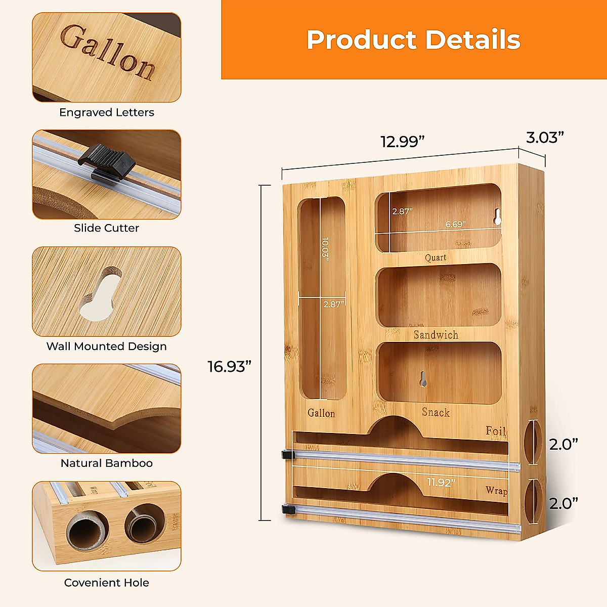 Bag Storage Organizer and Wrap Dispenser with Cutter for Kitchen Drawer, Bamboo Bags Compatible Foil, Wax, Ziploc Gallon, Quart, Sandwich Snack Variety Size 12'' Rolls, 1.0 Count, (Pack of 1)