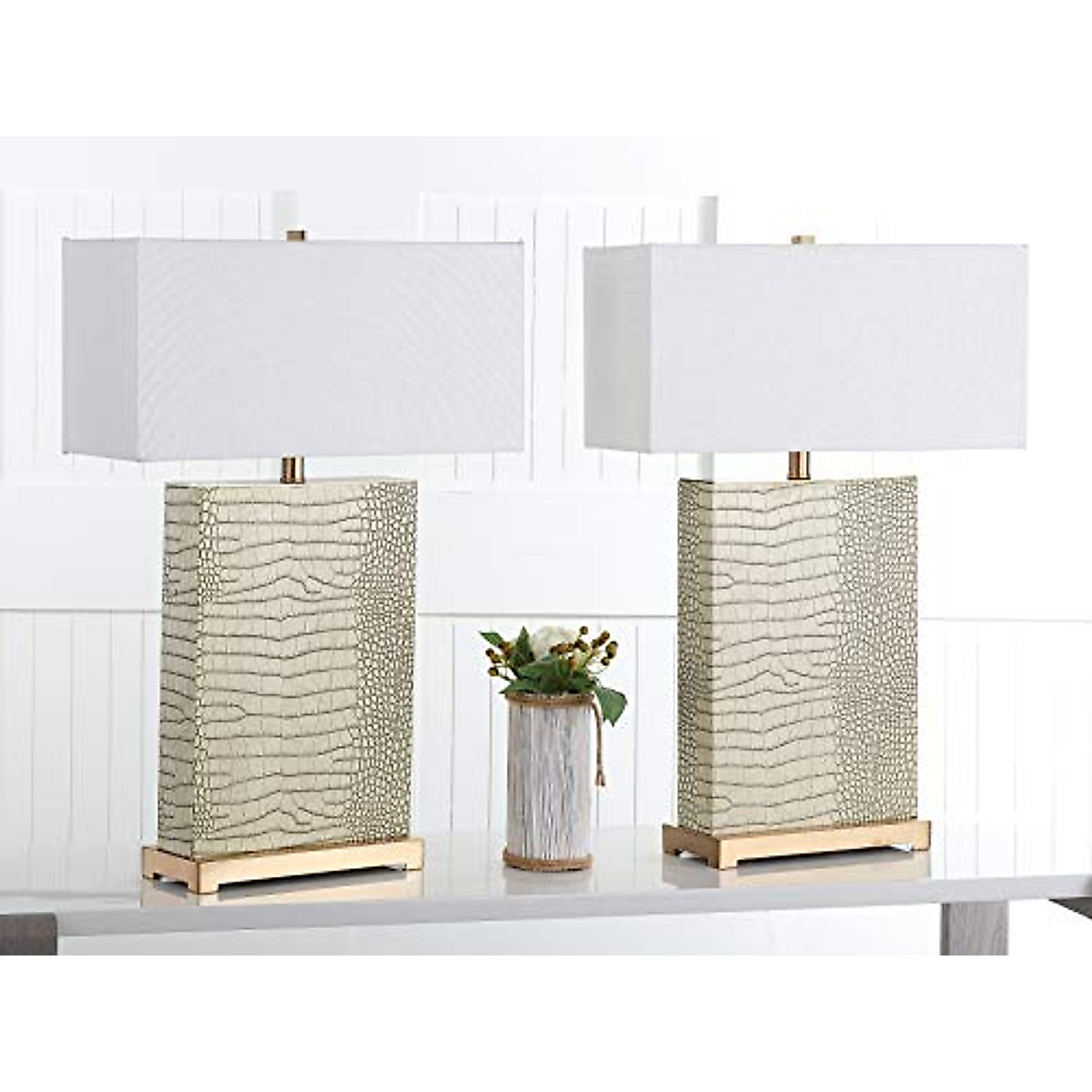 SAFAVIEH Lighting Collection Joyce Modern Art Deco Cream Faux Snakeskin Rectangle Shade 28-inch Bedroom Living Room Home Office Desk Nightstand Table Lamp Set of 2 (LED Bulbs Included)