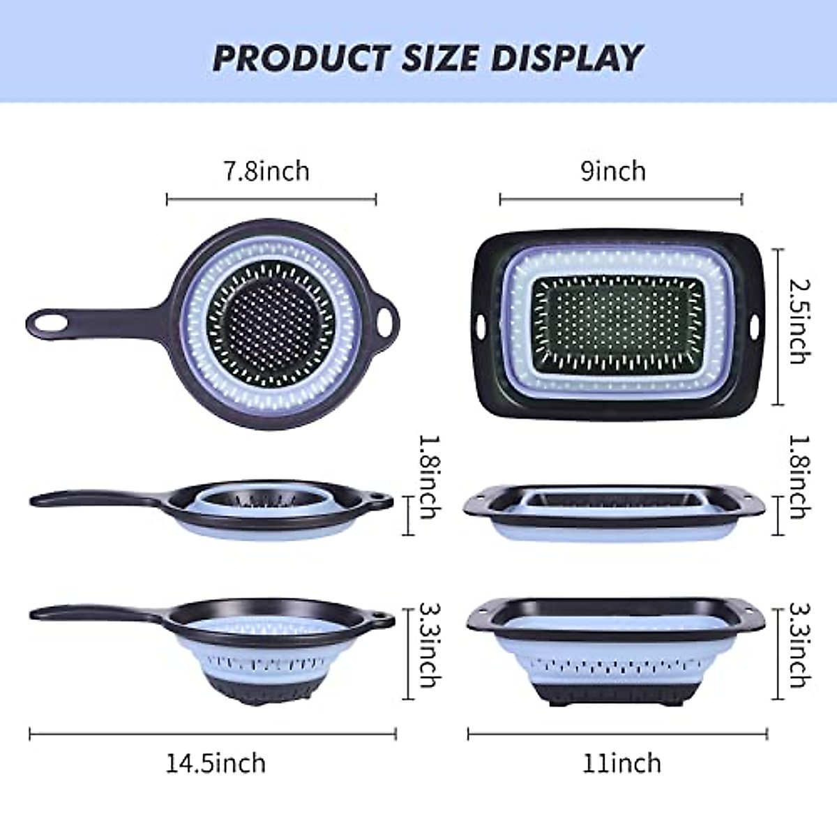 COMUSTER SET - 2 Collapsible Colanders (Strainers), Sizes 7.8" - 2 Quart and 9" - 3 Quart - Perfect for Your Vegetables, Fruits, Pasta & More - With Handle and Square Folding Colander (Blue )