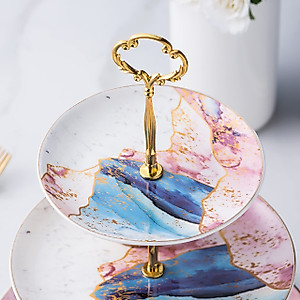 Jusalpha Fine China Rainbow Galaxy Series 3-tier Cake Stand- Cupcake Stand- Tea Party Pastry Serving Platter in Gift Box and a Free Sugar Tong (Rainbow Galaxy 3T)