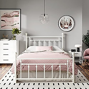 HOOMIC Full Size Metal Platform Bed Frame/Victorian Style Iron-Art Headboard and Footboard / 14 Inches Mattress Foundation for Storage/No Box Spring Needed/Easy Assembly/Off-White