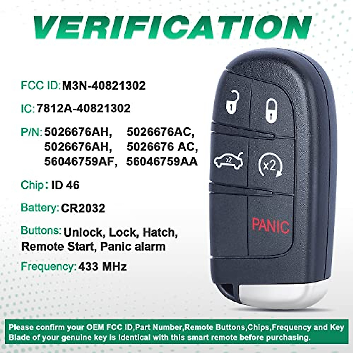 Beefunny 433MHz ID46 Chip M3N-40821302 Replacement 4+1 5 Button Smart Remote Key Fob for Chrysler 300 2011-2018 (1)