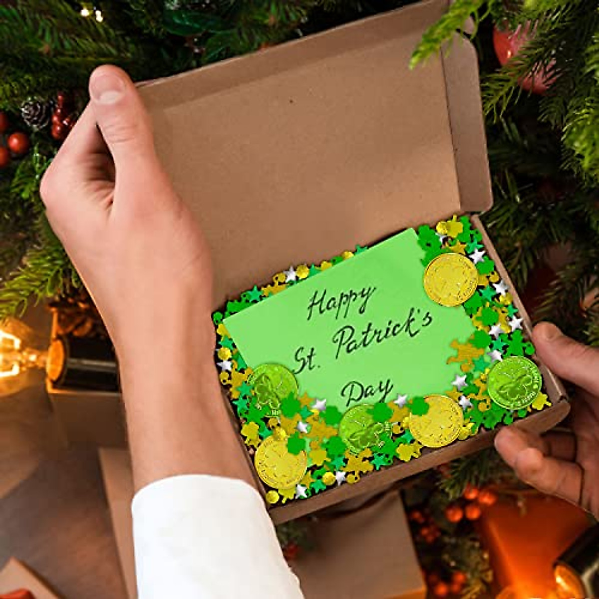 Cerlaza St. Patrick's Day Decorations Shamrocks Table Foil Confetti, 3 Pack Mix Styled Small Clover, Glitter Gold Dots, Hat Demon St Patricks Day Accessories with 30 pcs Shamrock Plastic Green and Gold Clover Lucky Coins