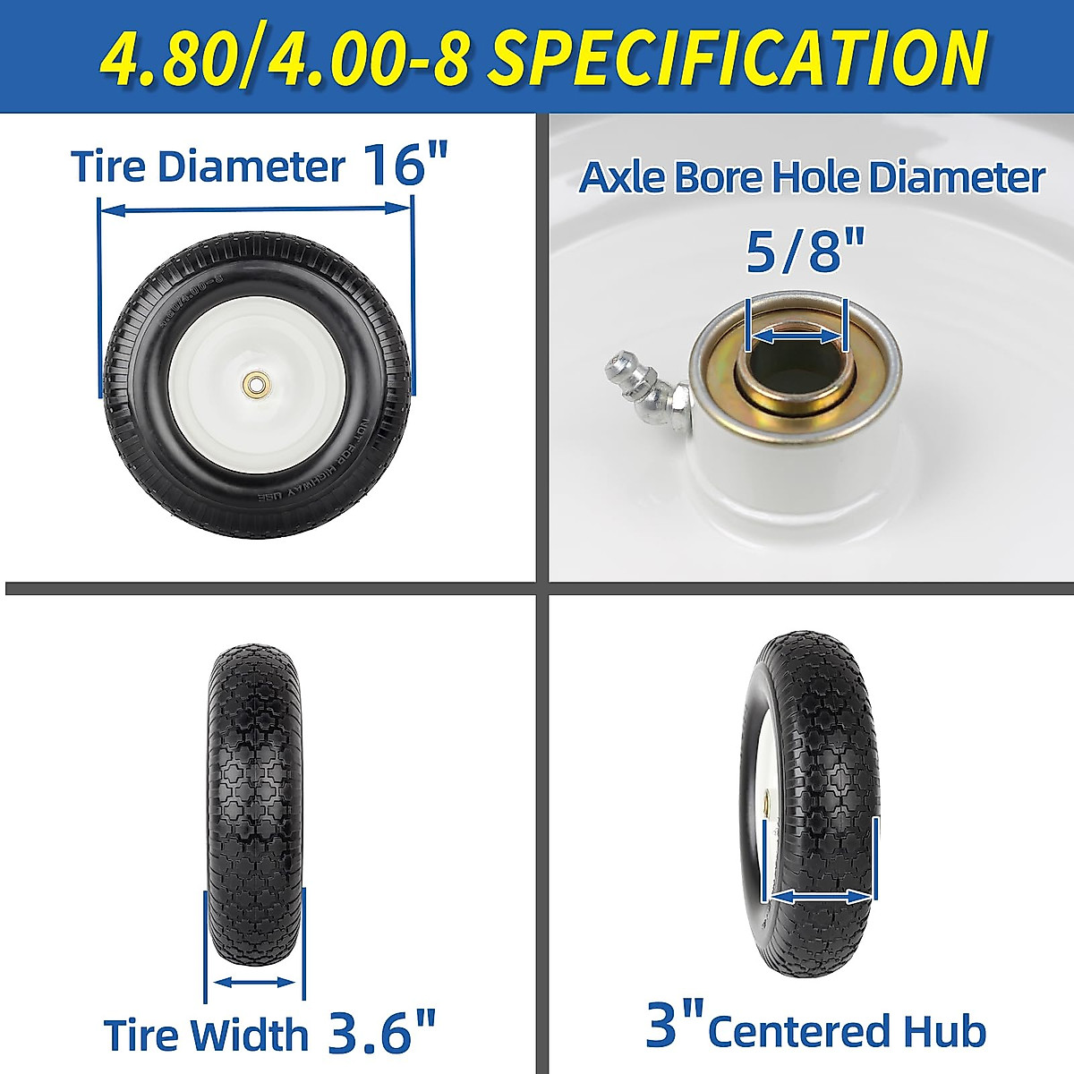 GICOOL 4.80/4.00-8" Wheelbarrow Tire, 16" Flat-Free Solid Tire and Wheel, 3-6" Centered Hub, 5/8" & 3/4" Bearing, For Broadcast Spreader Garden Wagon Cart Trolley Dolly Lawn Mover (1 Pack)