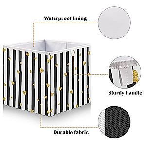 Kigai Black and White Stripes with Hearts Cube Storage Bin 15.7x10.6x7 in, Large Organizer Collapsible Storage Basket for Shelves, Closet, Storage Room