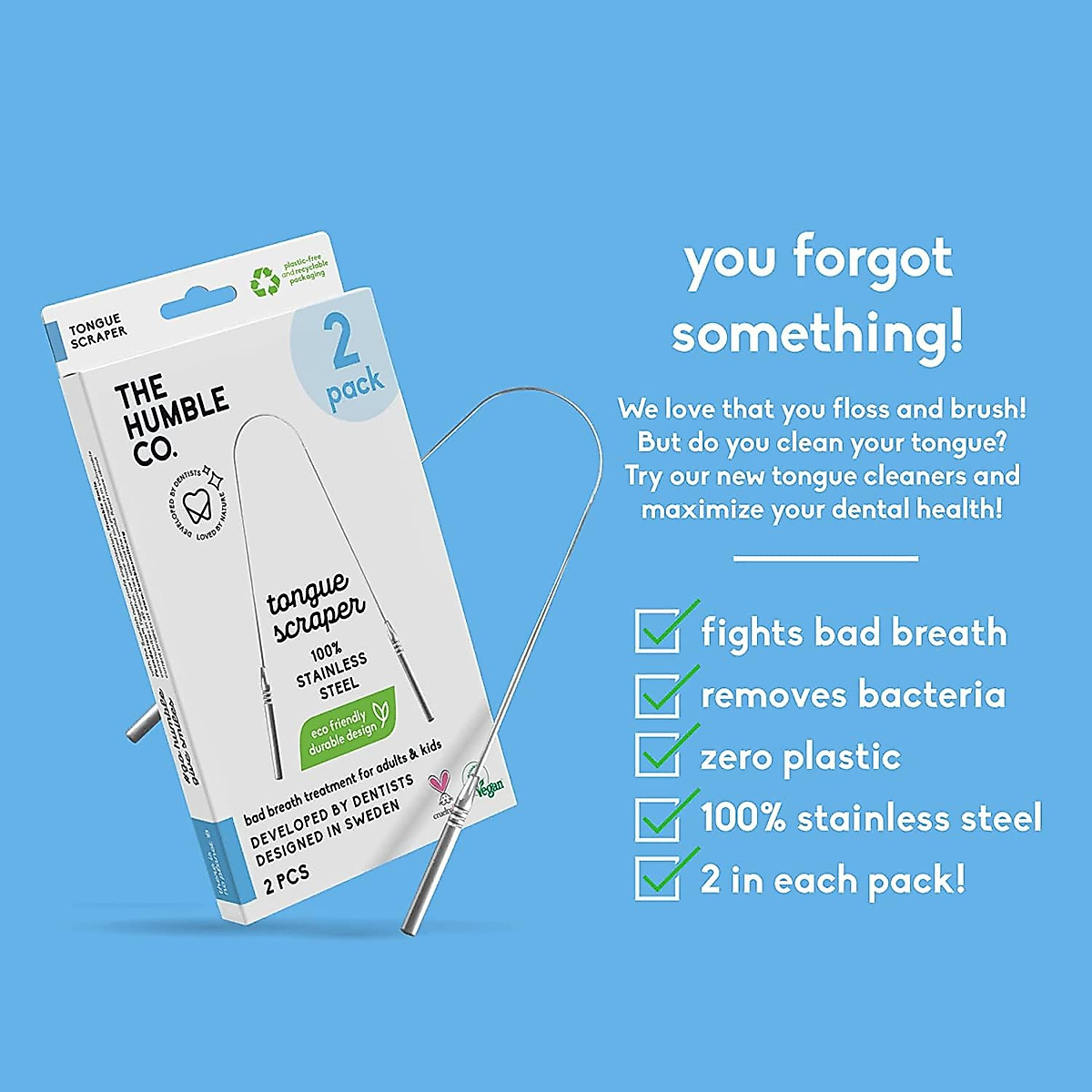 The Humble Co. Tongue Scraper – 100% Stainless Steel Tongue Cleaner, For Superior Oral Care, Dental Hygiene and Tongue Cleaning, Helps Eliminate Bad Breath, BPA Free (2pk)