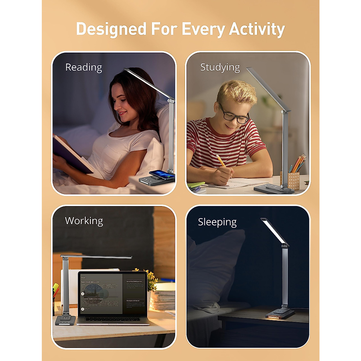 sympa Metal LED Desk Lamp, 12W Desktop Office Lamp, Reading Desk Light with 5V/2A USB Port, 5 Color Temperatures, 6 Brightness Levels, Touch Control for Dorm, Home Office, Bedroom, Living Room Grey