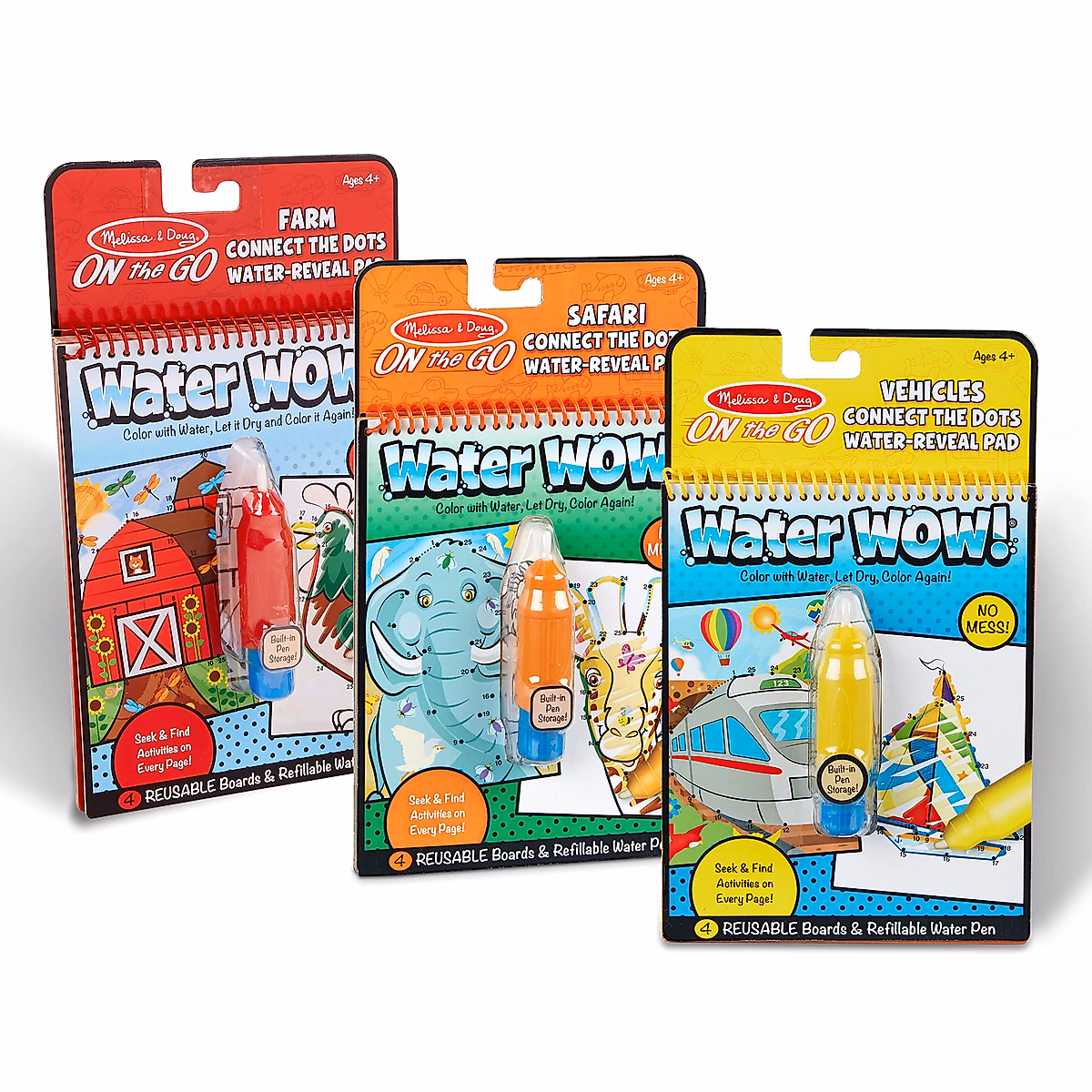 Melissa & Doug On the Go Water Wow! Reusable Water-Reveal Activity Pads, 3pk, Connect The Dots - Vehicles, Farm, Safari, Party Favors, Stocking Stuffers, Travel Toys, Mess Free Coloring Books, Ages 4+