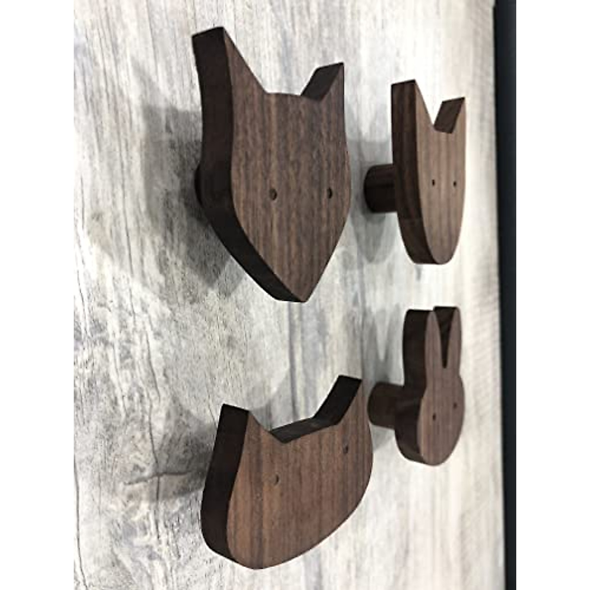 Tsnamay 4 Pack Animal Wood Wall Hooks, Black Walnut Unfinished Solid Wood Coat Hooks Wall Mounted for Hanging Bathroom Towels Clothes Hanger，Pattern Rabbit Cat Dog Fox