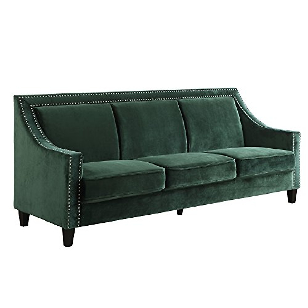 Iconic Home Camren Sofa Velvet Upholstered Swoop Arm Silver Nailhead Trim Espresso Finished Wood Legs Couch Modern Contemporary, Green