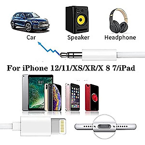 [Apple MFi Certified] Aux Cord for iPhone in Car,Lightning to 3.5mm Aux Stereo Audio Cable Adapter Compatible with iPhone 13/12/11/XS/XR/X/8/7 for Car Home Stereo, Speaker, Headphone, -3.3ft (White)