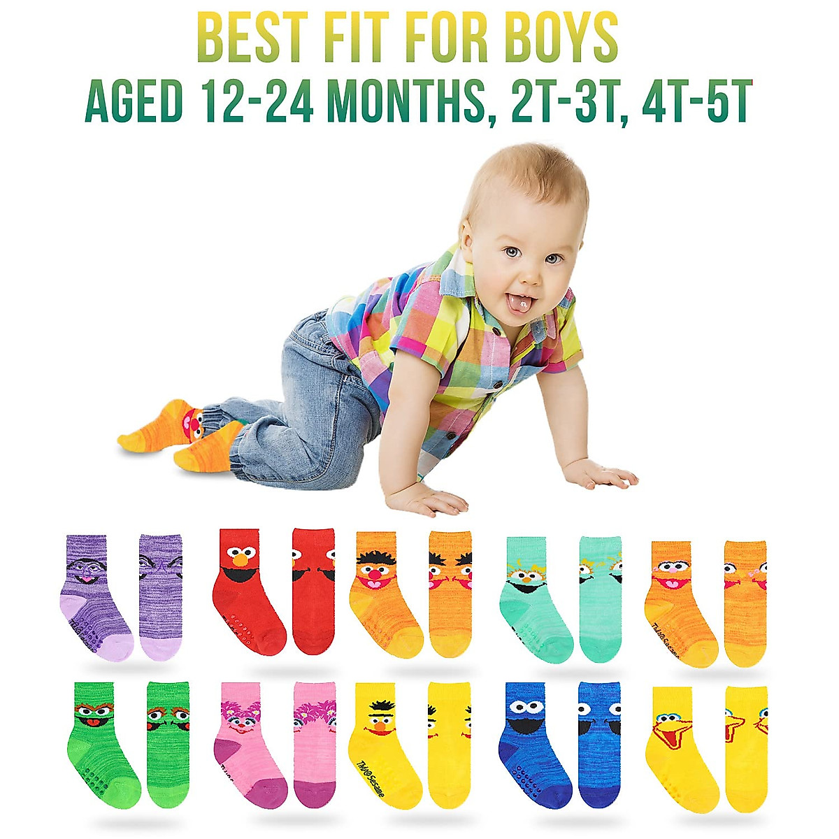 Sesame Street Toddler Socks with Grippers, Non Slip Socks for Kids
