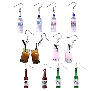 JinYu 6 Pairs Funny Acrylic Water Bottle Pendant Earrings, Cute Pearl Milk Tea Dangle Earrings Colorful Glass Bottle Funny Earrings for Girls Women Unique