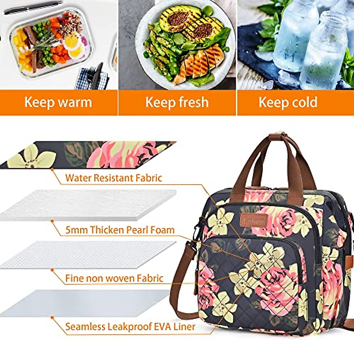 LOKASS Lunch Bag Convertible 3 in 1 Lunch Box Insulated Lunch Backpack Tote Cooler Box Large Capacity Food&Drink Container with Detachable Strap for Women office Beach (Peony)