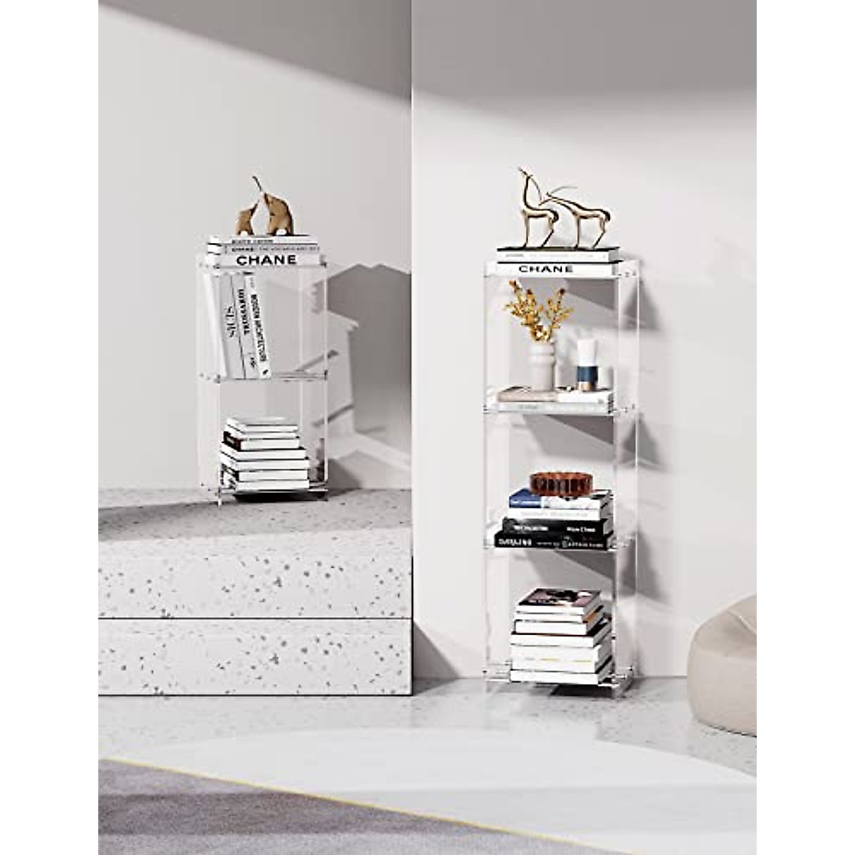 solaround Acrylic Narrow Bookcase Skinny Bookshelf Modern Display Storage Organizer for Living Room Office Bathroom (Clear, 3 Tier)