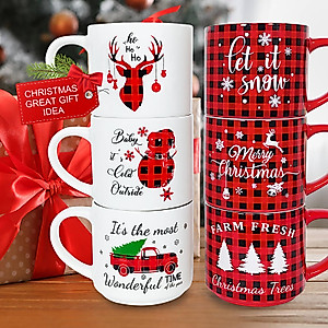 QIKSION Ceramic Christmas Mug Set of 6, 16oz Red Black Plaid Christmas Coffee Mug, Stackable Holiday Coffee Mugs as Christmas Gifts for Family, Friends and Colleagues