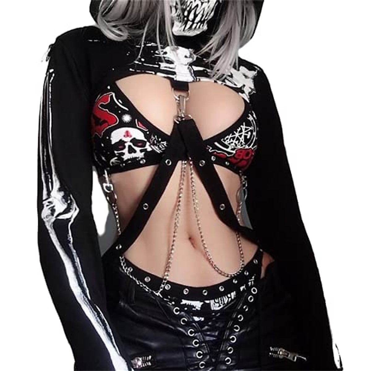 XCJIKUKE Gothic Hoodies Skeleton Sweatshirt Punk Halloween Crop Tops Long Sleeve For Women Goth Mask Sexy Rave Outfit Festival Clothing