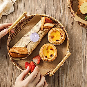 YANGQIHOME Rattan Round Bread Serving Basket Handcrafted Bread Serving Tray Platter with Wooden Handle (11 inch / 28cm)