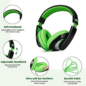 rockpapa Comfort Kids Headphones for School, Lightweight Childrens Boys Girls Teens Over-Ear Headphones Wired 3.5mm for CD DVD Player Tablet Phone Travel Black/Green