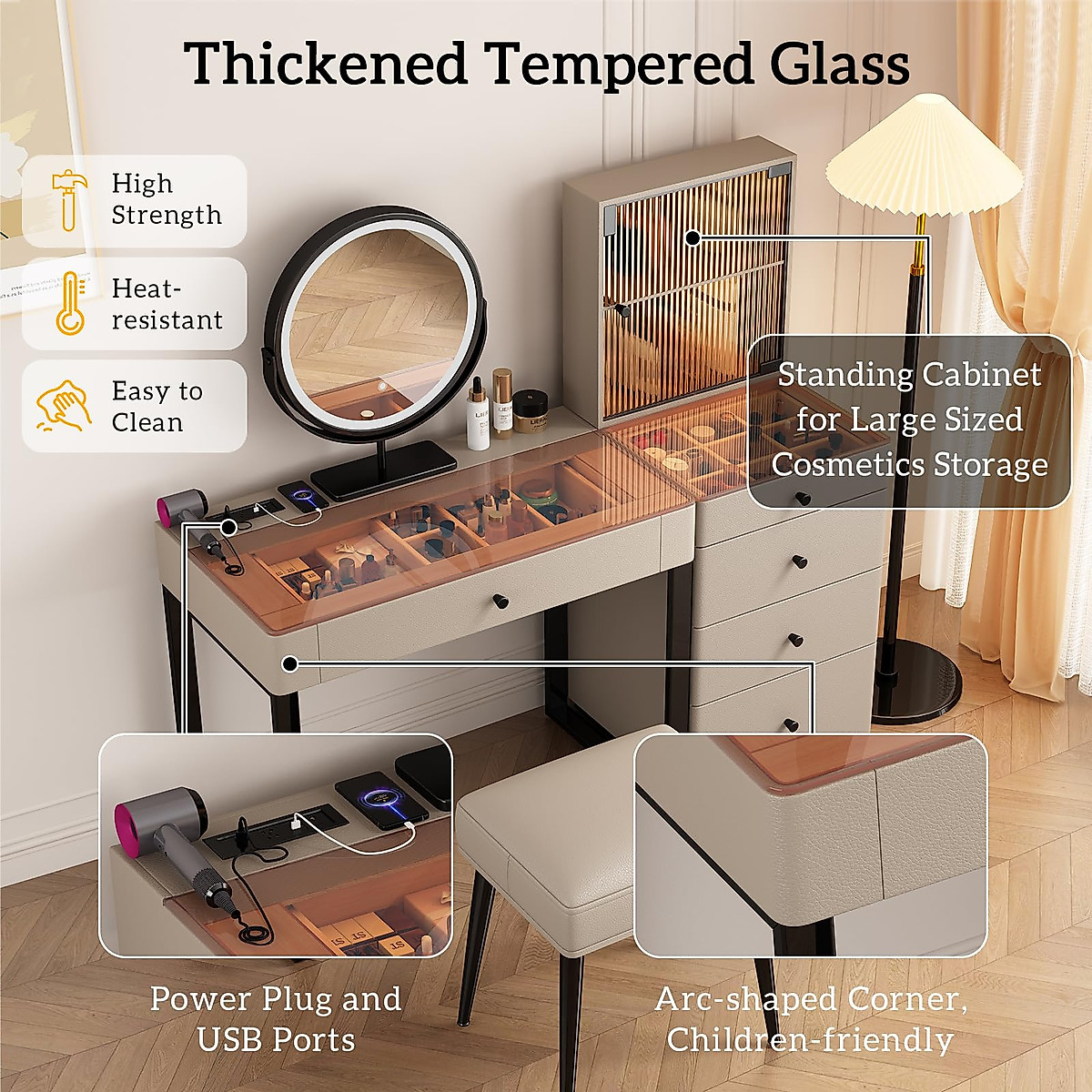 GrxGry Vanity Table Set, Premium Solid Wood Vanity Desk with Multi-Plug Outlet, Desktop Cabinet for Large Bottles, HD Smart Mirror, Multi-Depth Side Drawers for Various Sized Objects (Khaki-51IN)