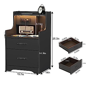 Vabches Nightstand with Charging Station & LED Lights, Black Nightstand with 2 Drawers and Open Storage, Bed Side Table Night Stand for Kids Bedroom Living Room,Small Bedside Table for Toddlers