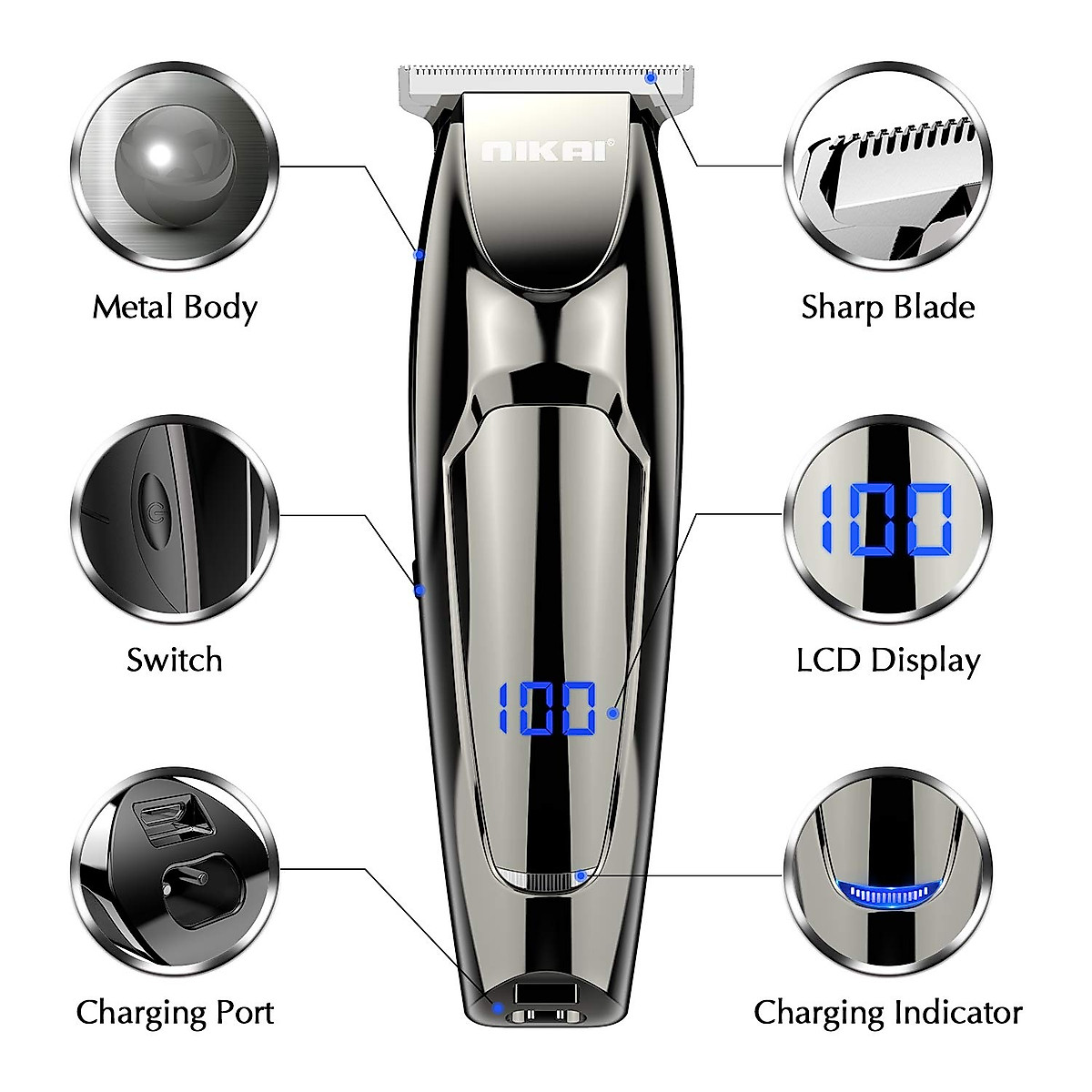 Cordless Electric Clippers, Men's Hair Clipper and Hairdressing Tool Set, Used for Men's Beard Trimming, Haircuts, etc, Rechargeable, with LED Display, 5 Length Combs, Silver ZEKEE