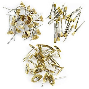 PHYHOO Brass Wire Brushes Cup Wheels Polish Cleaning Brush Kit Polishing Attachment Die Grinder Rotary Tools Accessories 3 MM Mandrel 60 Pieces