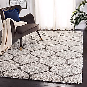 SAFAVIEH Hudson Shag Collection Area Rug - 9' x 12', Ivory & Grey, Moroccan Ogee Trellis Design, Non-Shedding & Easy Care, 2-inch Thick Ideal for High Traffic Areas in Living Room, Bedroom (SGH280A)