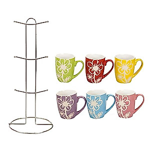 Home Basics 6 Piece Daisy Floral Ceramic 11 Ounce Mug Set For Coffee, Tea, Hot Chocolate etc. with Display Stand Multi color