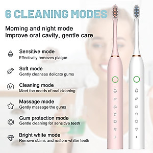 Lukern 2 Pack Sonic Electric Toothbrush, 6 Modes 42000vpm, Toothbrush with 2 Minute Built-in Timer and 8 Brush Heads,White+Pink