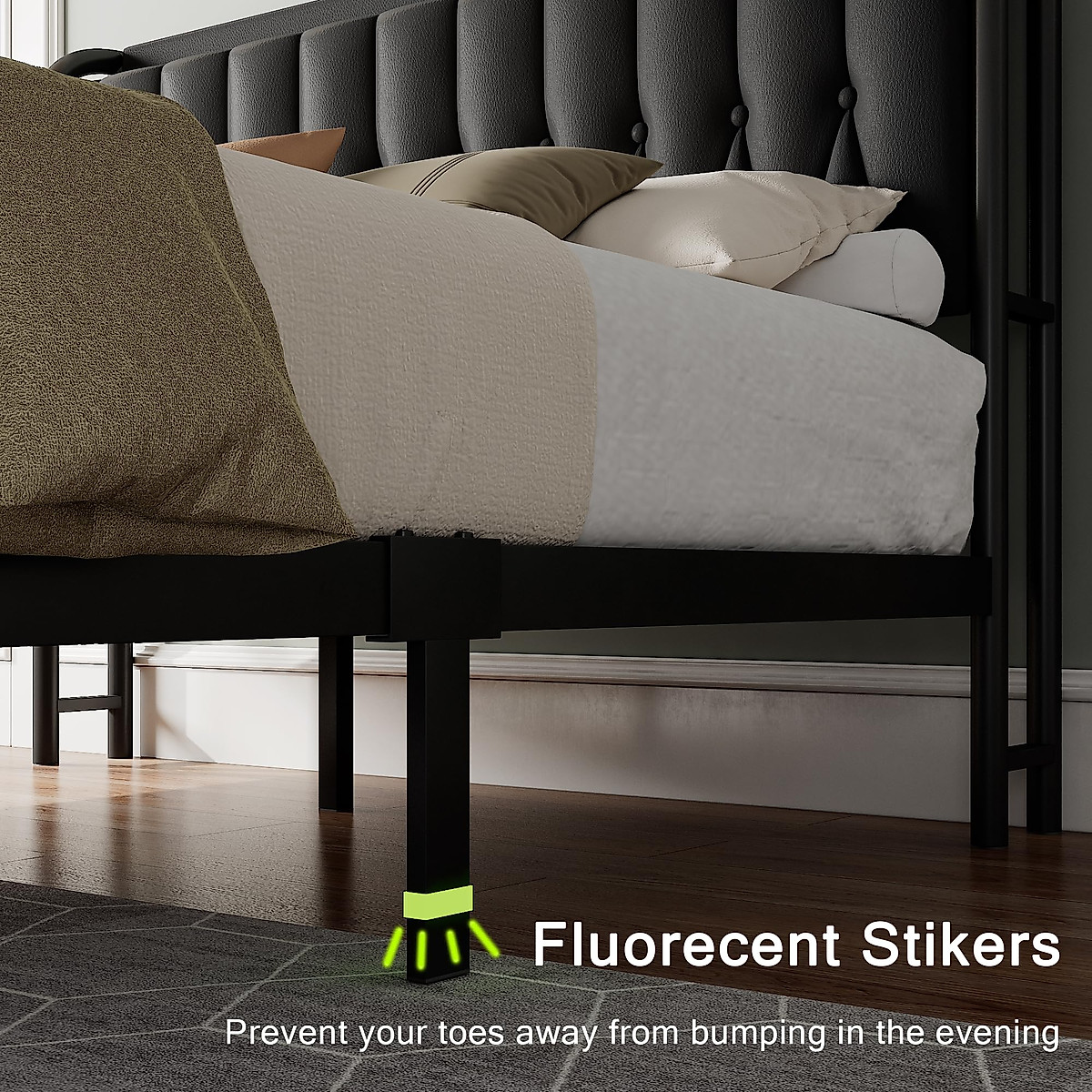 Einhomn Queen Bed Frame with Charging Station, Platform Bed with Faux Leather Upholstered Storage Headboard & Footboard, 12" Underbed Space, Noise-Free, Easy Assembly, No Box Spring Needed, Black