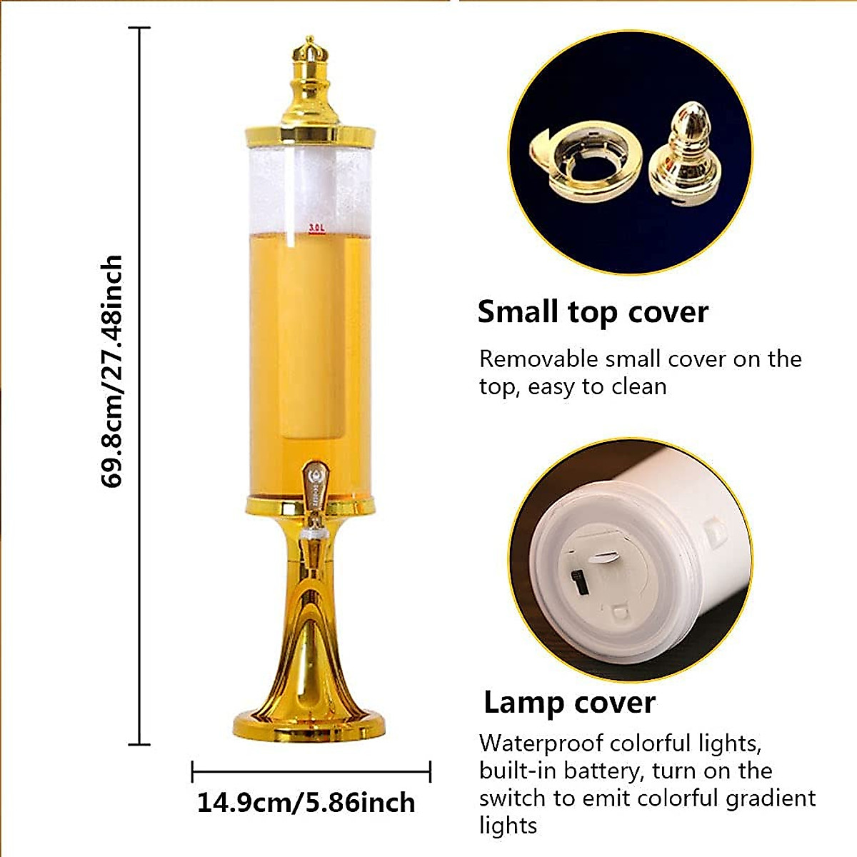 3L Beer Tower Beverage Dispenser with LED Colorful Shinning Lights and Ice Tube, Keep Beverages Ice Cold, Clear Fashionable Drink Dispenser for Home/Bar/Party/Gameday…