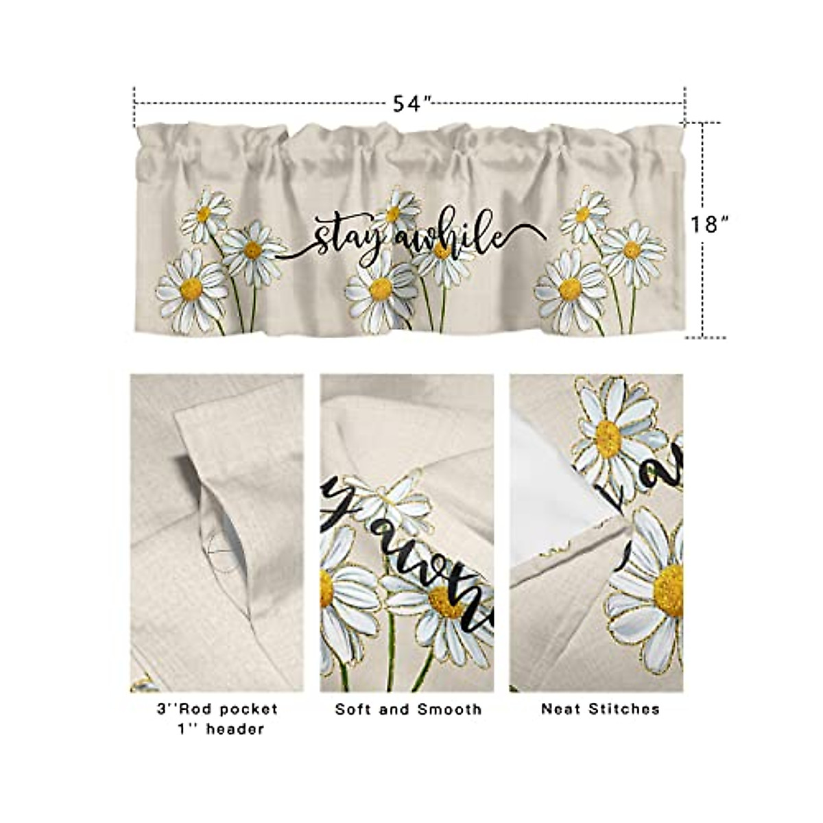 Homechoid Farmhouse Flower Curtain Valance for Windows/Living Room/Kitchen/Bathroom/Farmhouse, Gold White Daisy Floral Watercolor Short Rod Pocket Tier Curtain Window Treatment 1 Panel 54x18