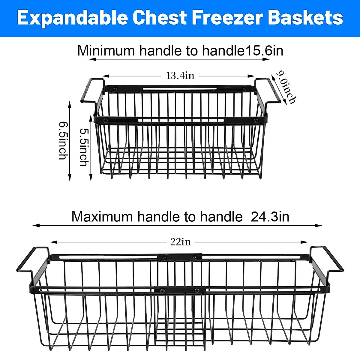 Wetheny Freezer Organizer Bins, Expandable Deep Freezer Baskets for Chest Freezer, Adjustable From 15.6" to 24.3" Wire Basket with Hanging Handles (Pack 1)