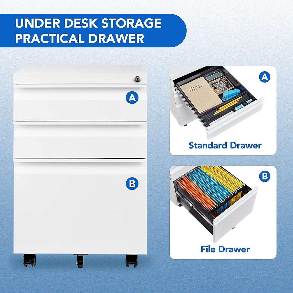 FLEXISPOT 3 Drawer Mobile File Cabinet for Home Office Under Desk Storage, Filing Cabinet with Lock Keys, File Organizer Cabinet for Legal/Letter/A4 File, White