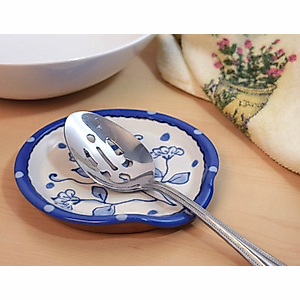 American Made Terracotta Pottery Kitchen Spoon Rest, Delft-Style Wildflower Blue