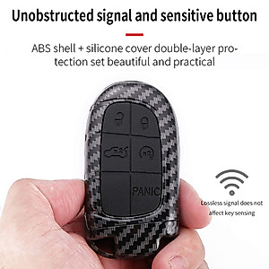 WFMJ Black Carbon Fiber + Silicone Button Smart Remote 5 Buttons Key Fob Cover Case Shell Fob for Jeep Grand Cherokee Dodge Challenger Charger Dart Durango Journey Chrysler 300